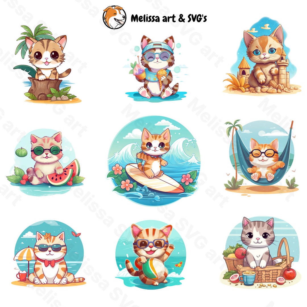 Summer Cats Clipart Bundle Png Kawaii Cat Lover Commercial Use Beach ...
