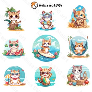 Summer Cats Clipart Bundle Png Kawaii Cat Lover Commercial Use Beach ...