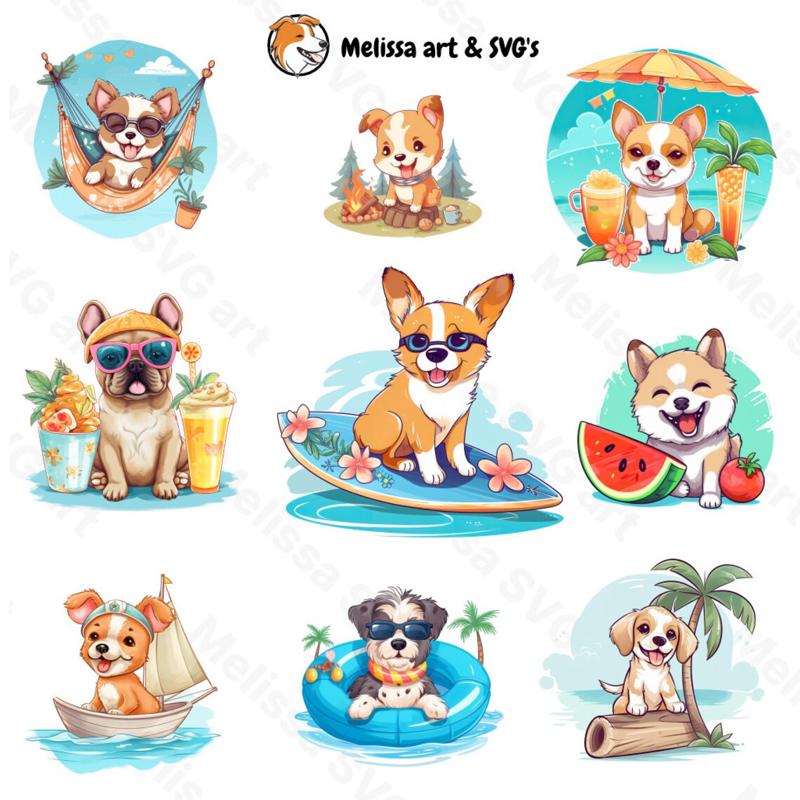 Summer Dogs Clipart Bundle Png Kawaii Dog Lover Commercial Use Beach ...