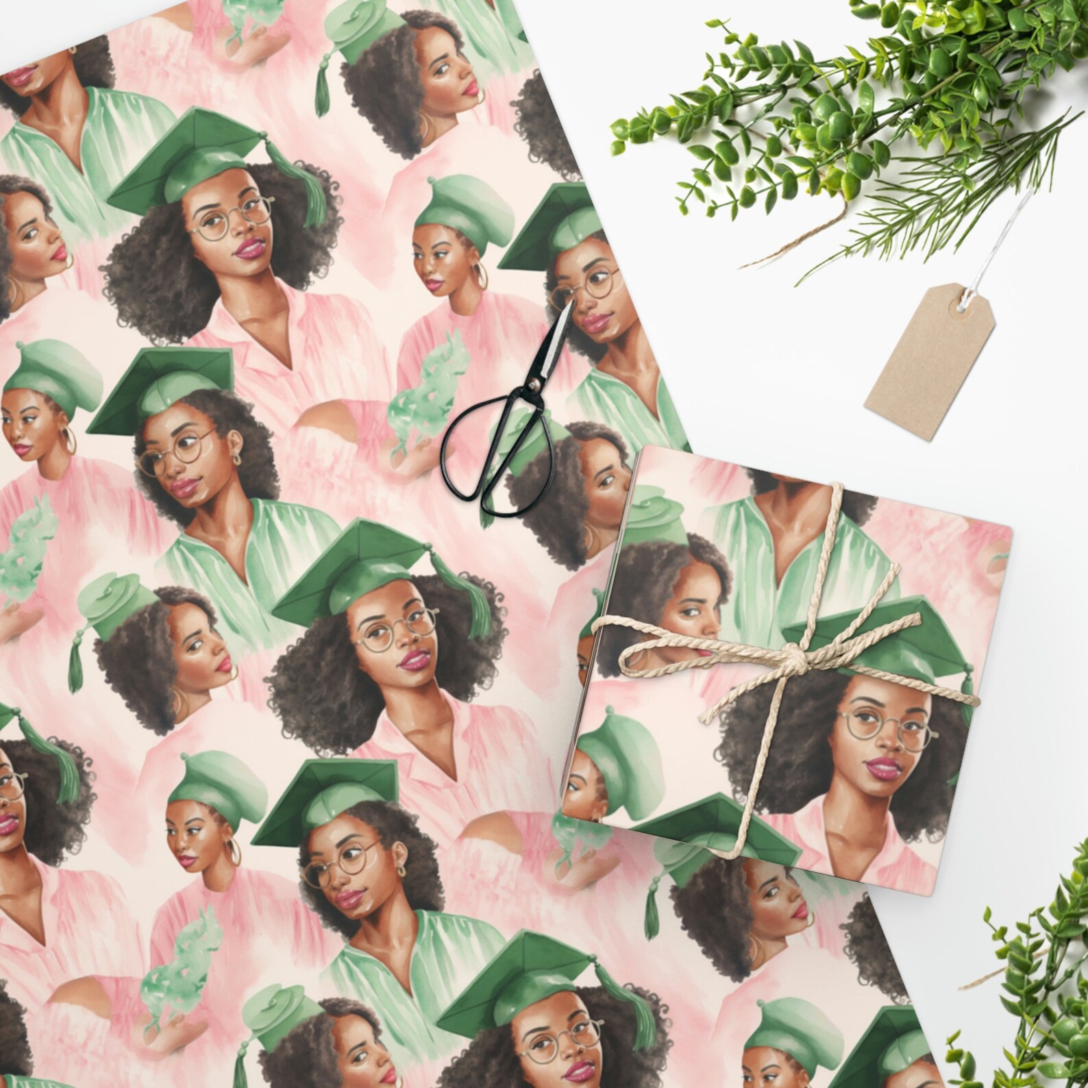 Black Women College Graduates Gift Wrap in Green and Pink, AKA, Alpha ...