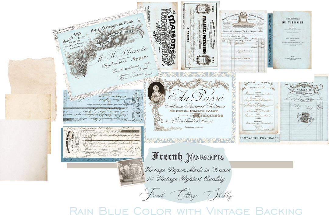 Dusty Blue French Manuscripts, Ephemera for Journaling (PDF) - Etsy
