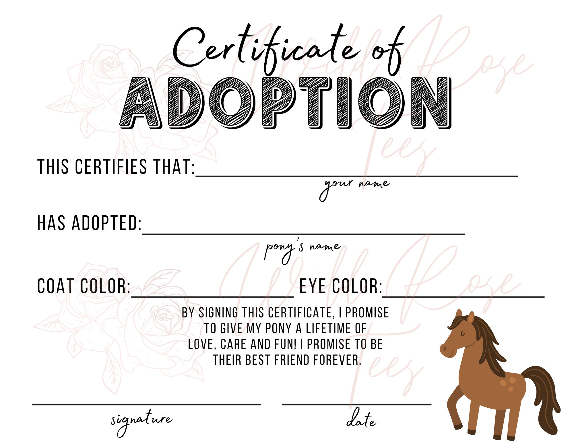 Adopt a Pony Certificate - Etsy