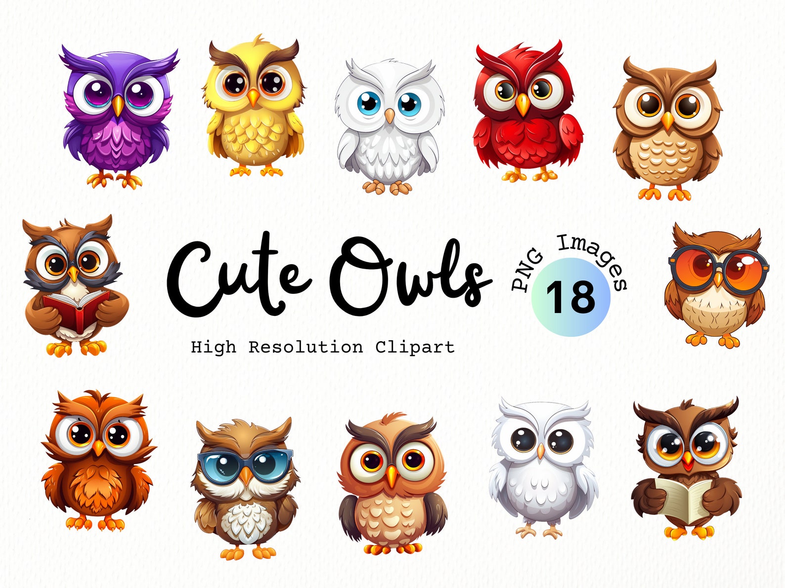 Cute Owls Clipart Bundle Cartoon PNG Images for Digital Download ...