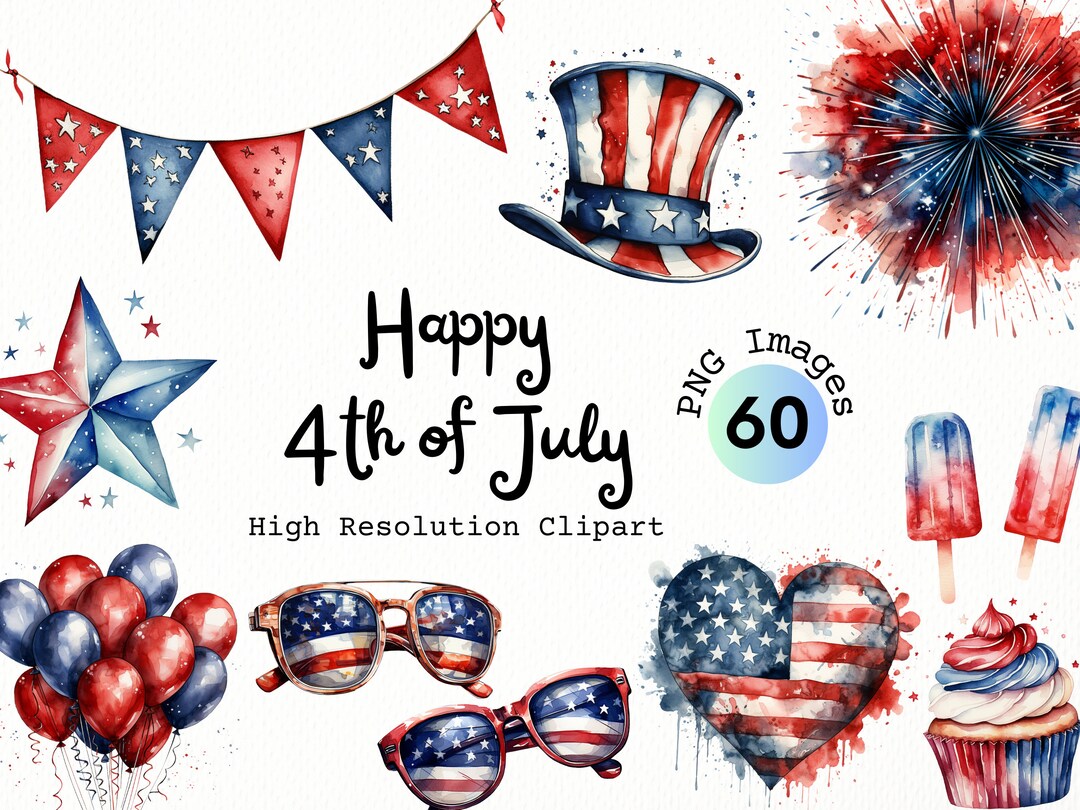 4th of July Watercolor Clipart | 60 PNG Images | Digital Downloads for ...