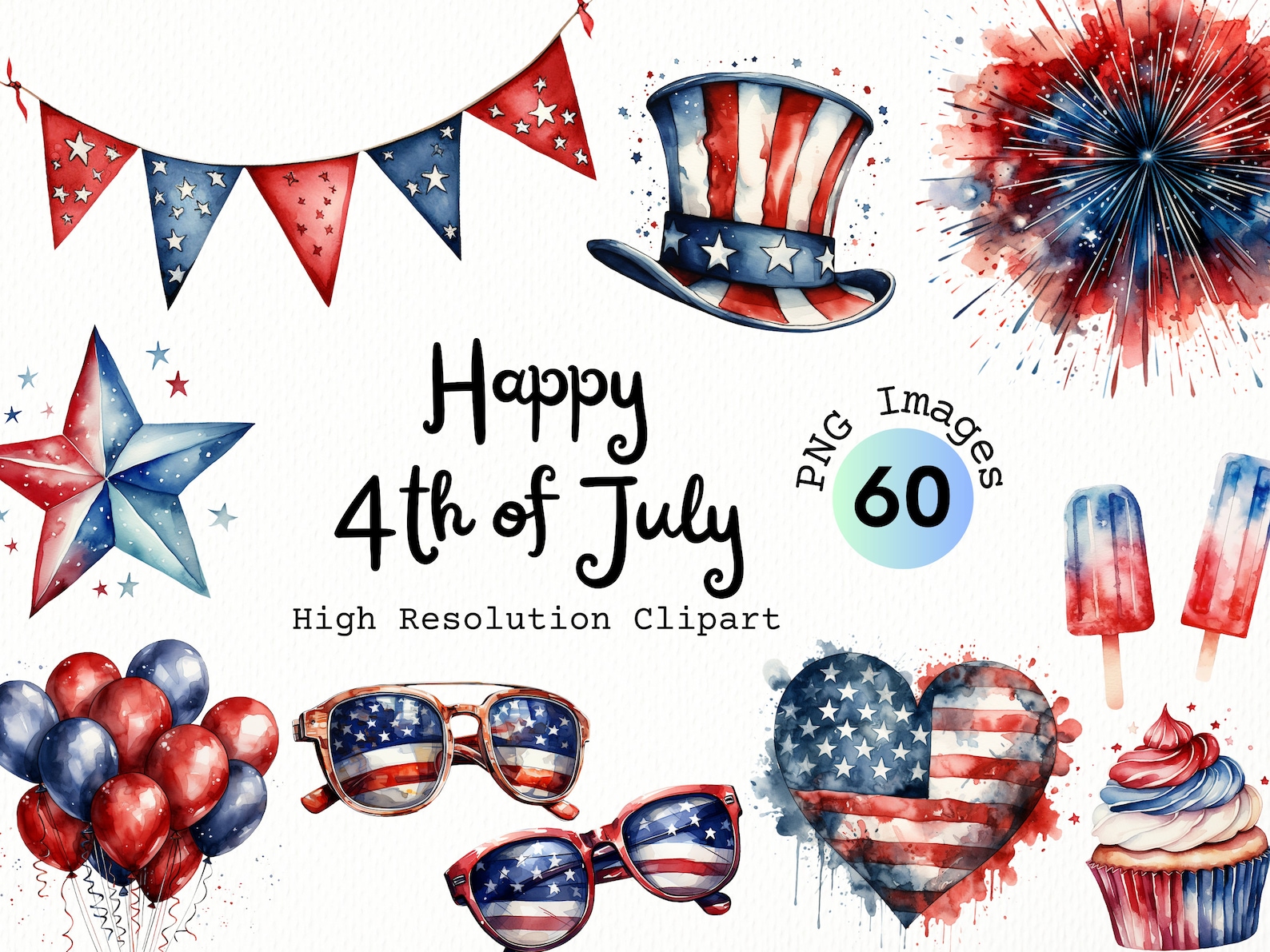 4th of July Watercolor Clipart 60 PNG Images Digital - Etsy
