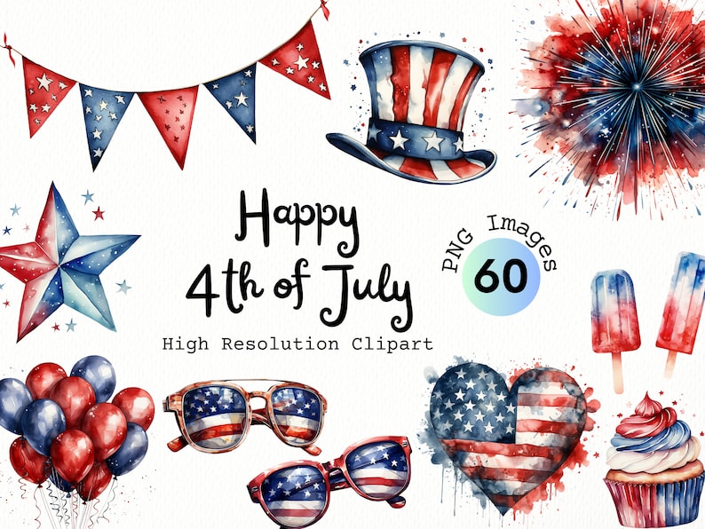 4th of July Watercolor Clipart 60 PNG Images Digital - Etsy
