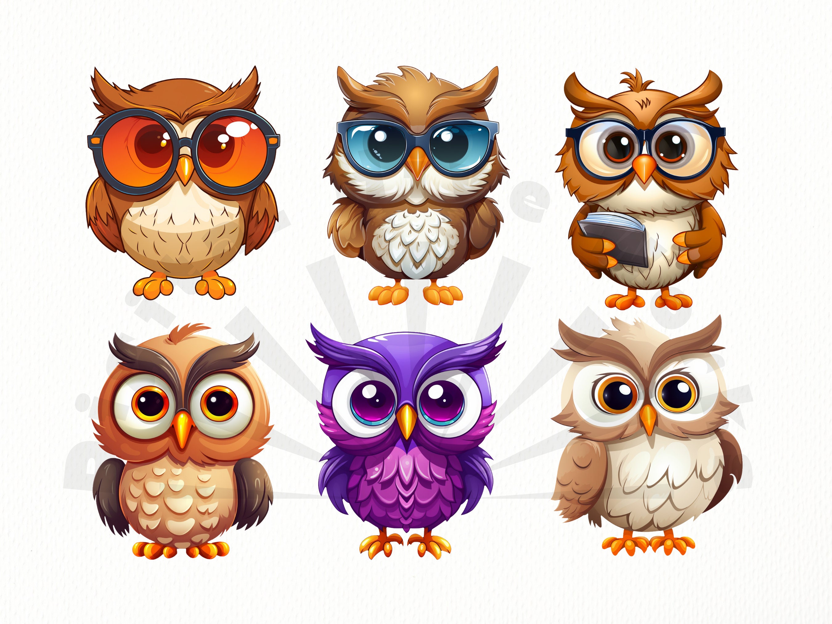 Cute Owls Clipart Bundle Cartoon PNG Images for Digital Download ...