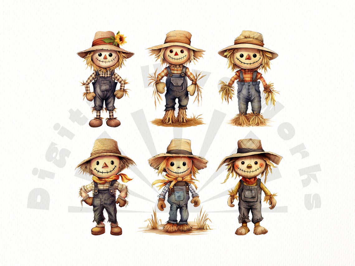 Watercolor Scarecrows Clipart Bundle Png Format With Etsy
