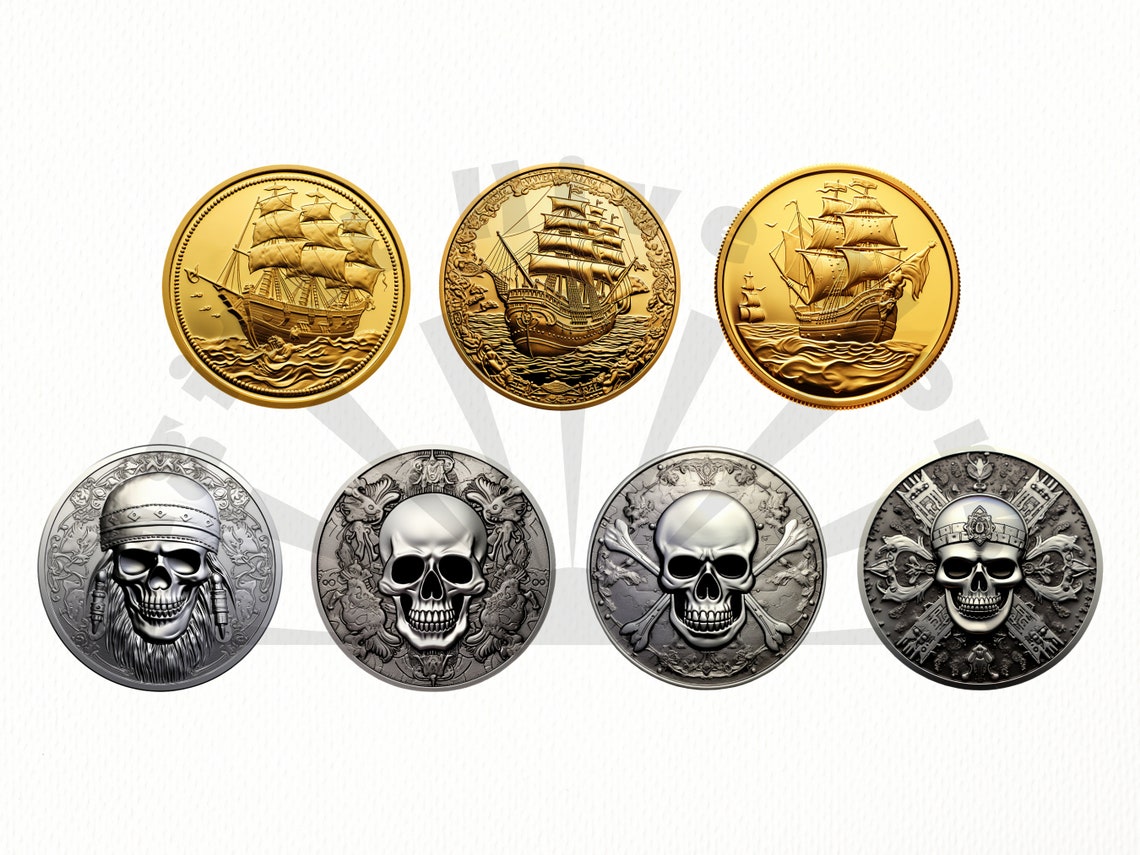 Pirate Coins Clipart Bundle - Cold and Silver Pirate Treasure in PNG ...