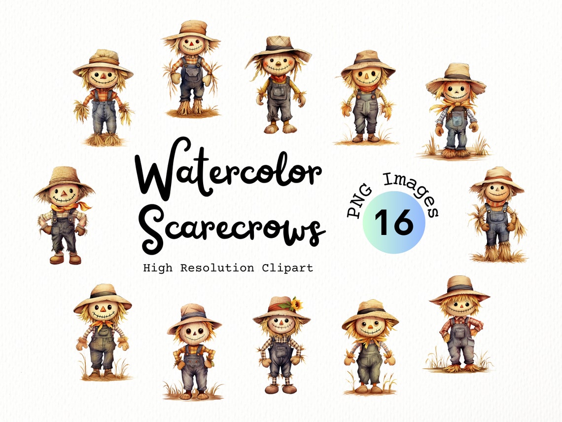 Watercolor Scarecrows Clipart Bundle PNG Format With - Etsy