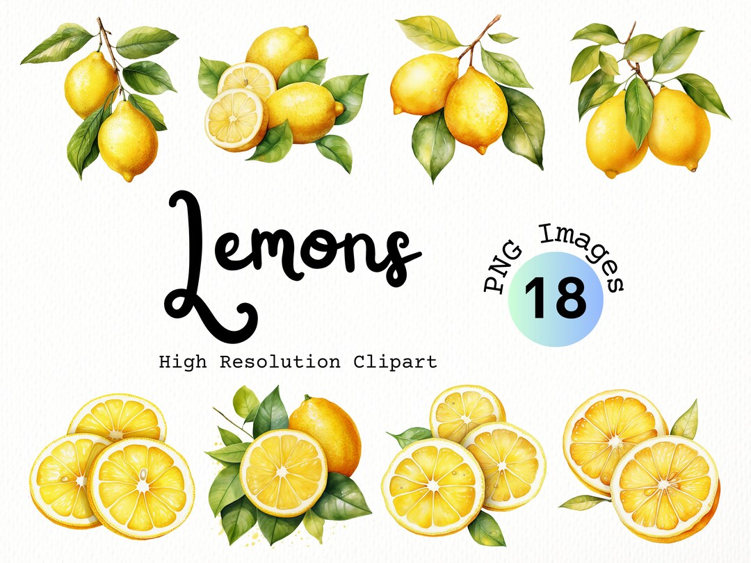 Lemons Clipart | 18 PNG Watercolor Images With Instant Digital Download ...