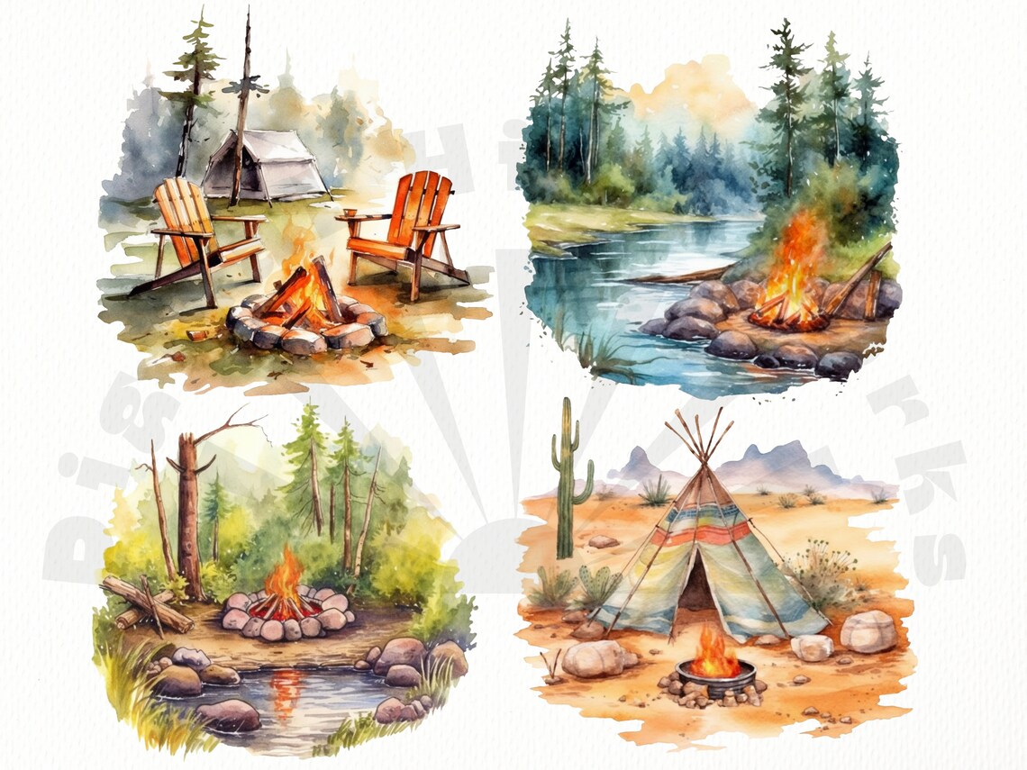 Campfires Clipart Watercolor PNG Images for Camping Log Cabin Clip Art ...