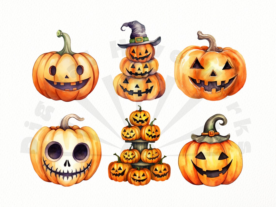 Watercolor Jack O Lanterns Clipart Bundle PNG Format With Transparent ...