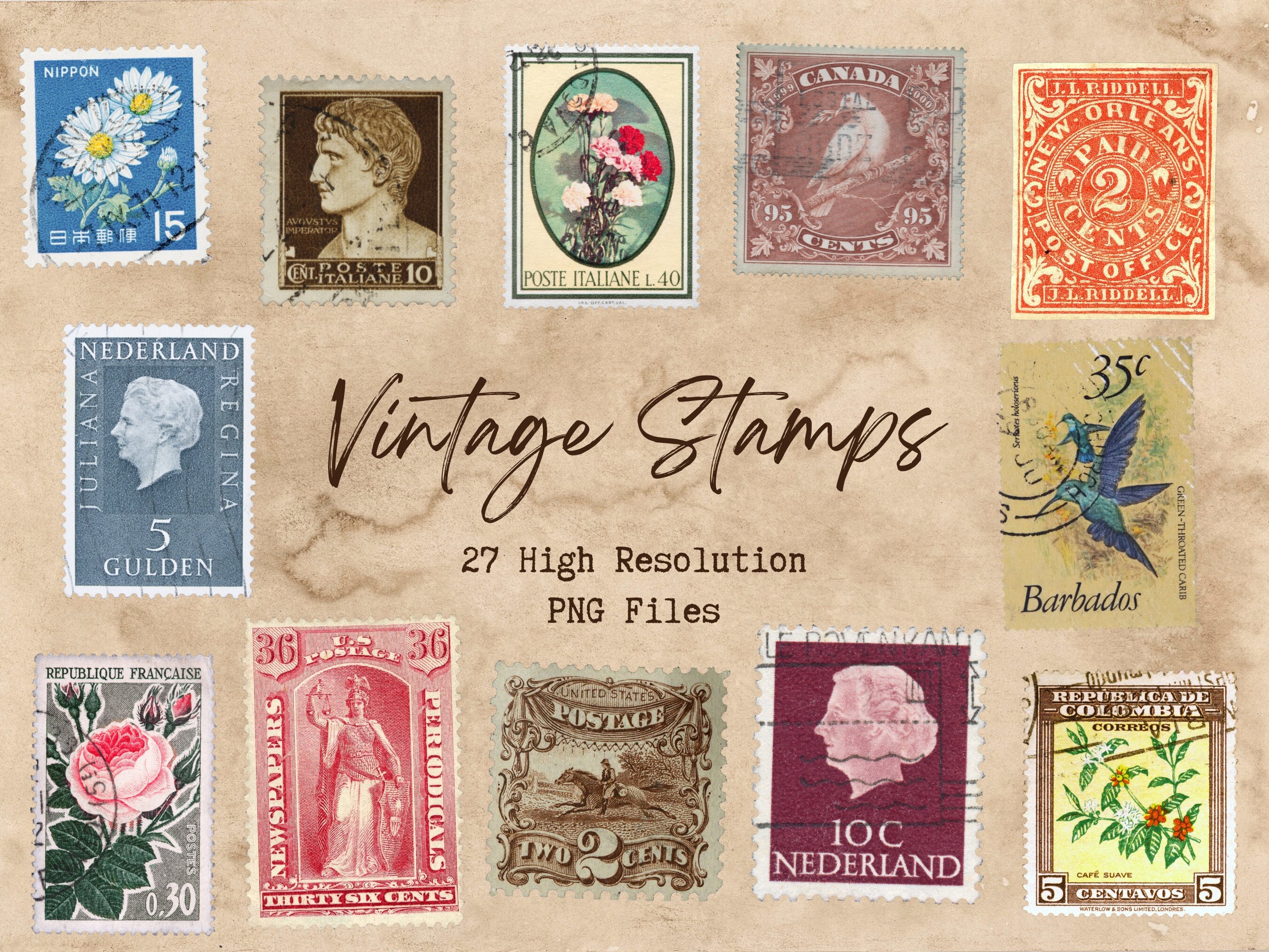 Vintage Stamps Clipart - Variety of 27 Postage Stamps, Digital Download ...