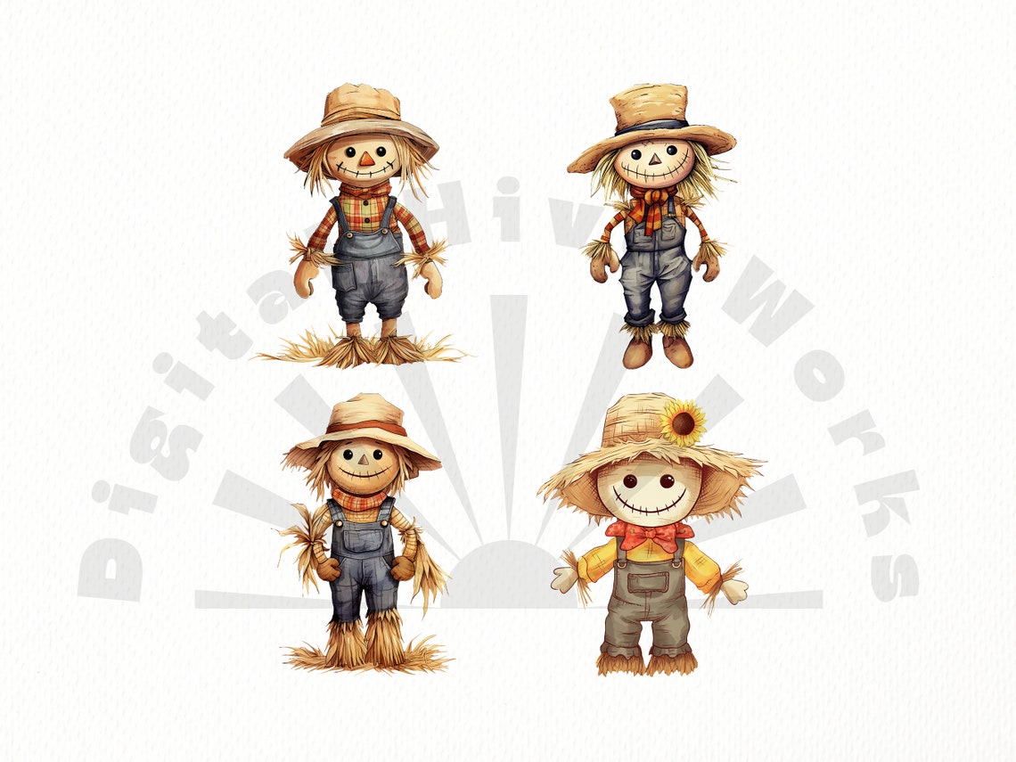 Watercolor Scarecrows Clipart Bundle PNG Format With - Etsy