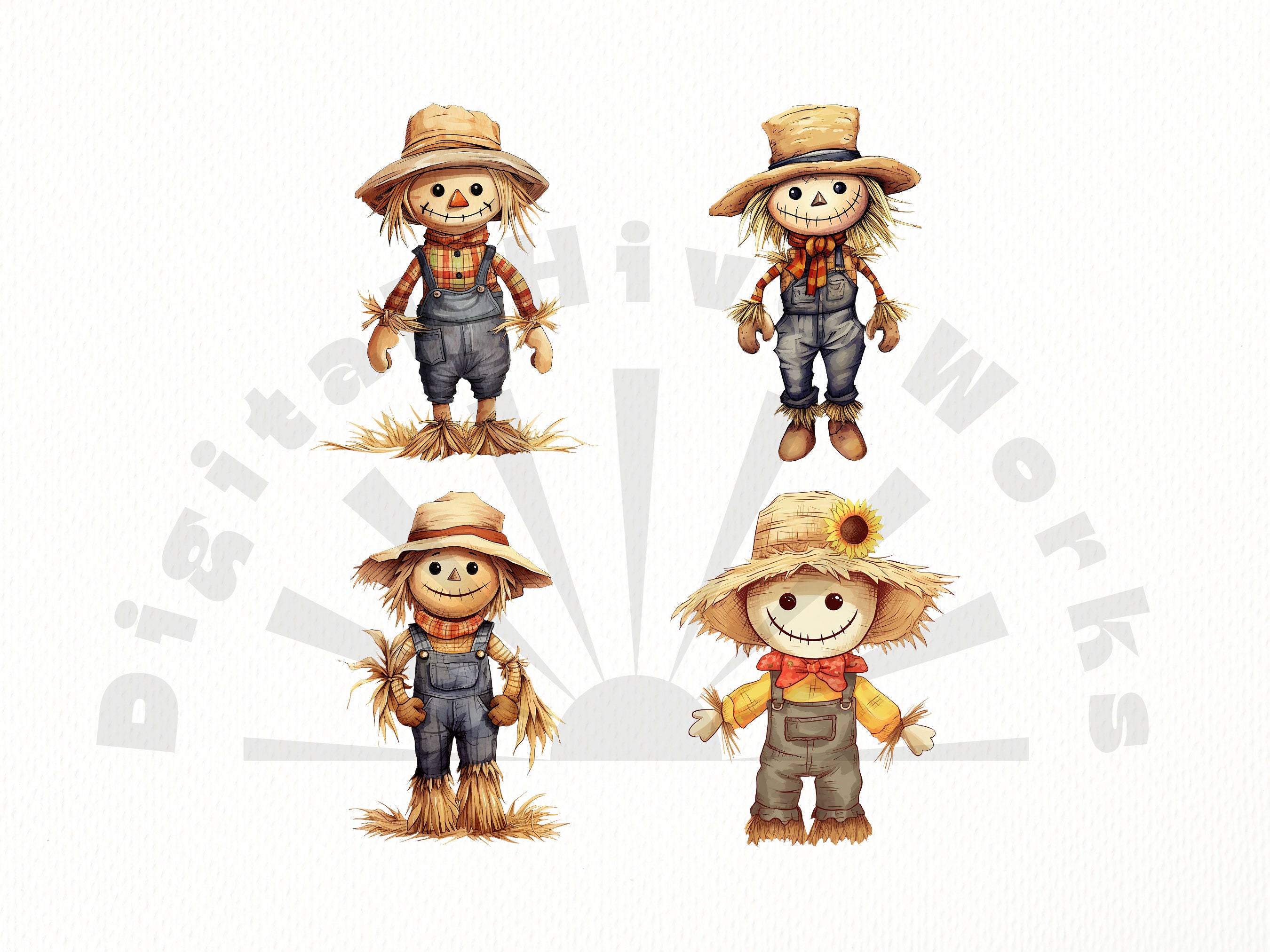 Watercolor Scarecrows Clipart Bundle PNG Format With - Etsy