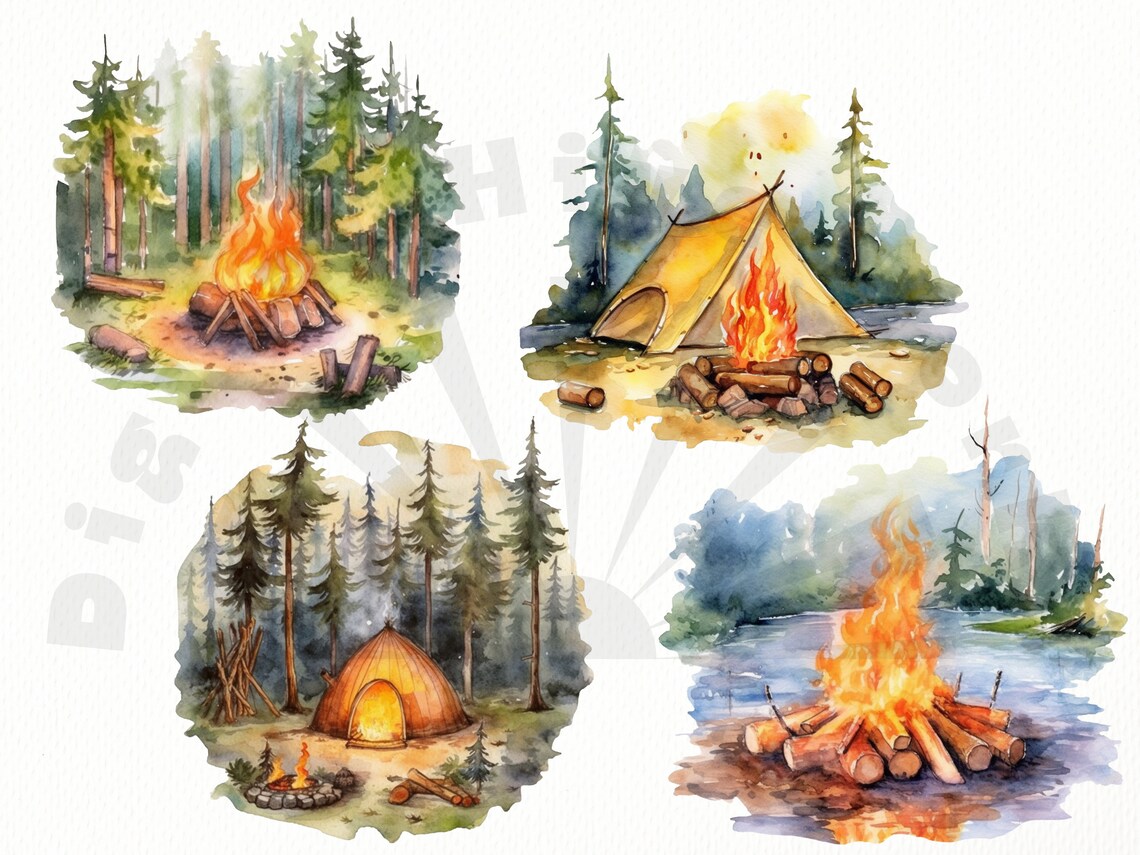 Campfires Clipart Watercolor PNG Images for Camping Log Cabin Clip Art ...