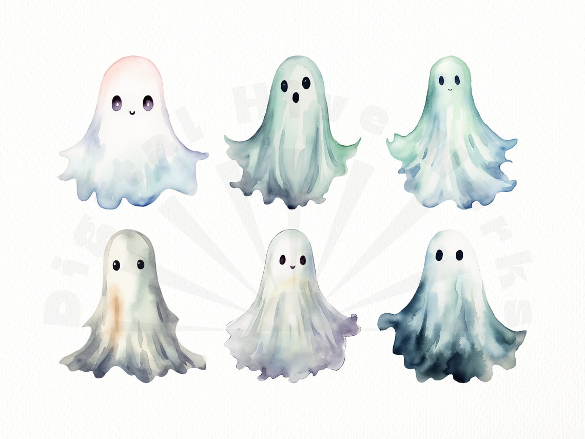 Watercolor Ghosts Clipart Bundle PNG Format With Transparent Background ...