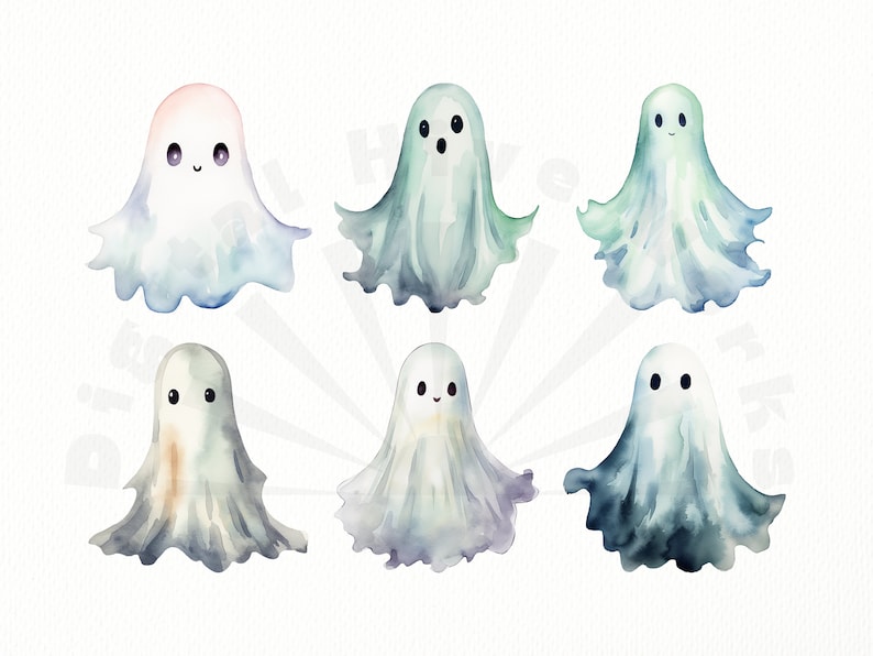 Watercolor Ghosts Clipart Bundle PNG Format With Transparent Background ...