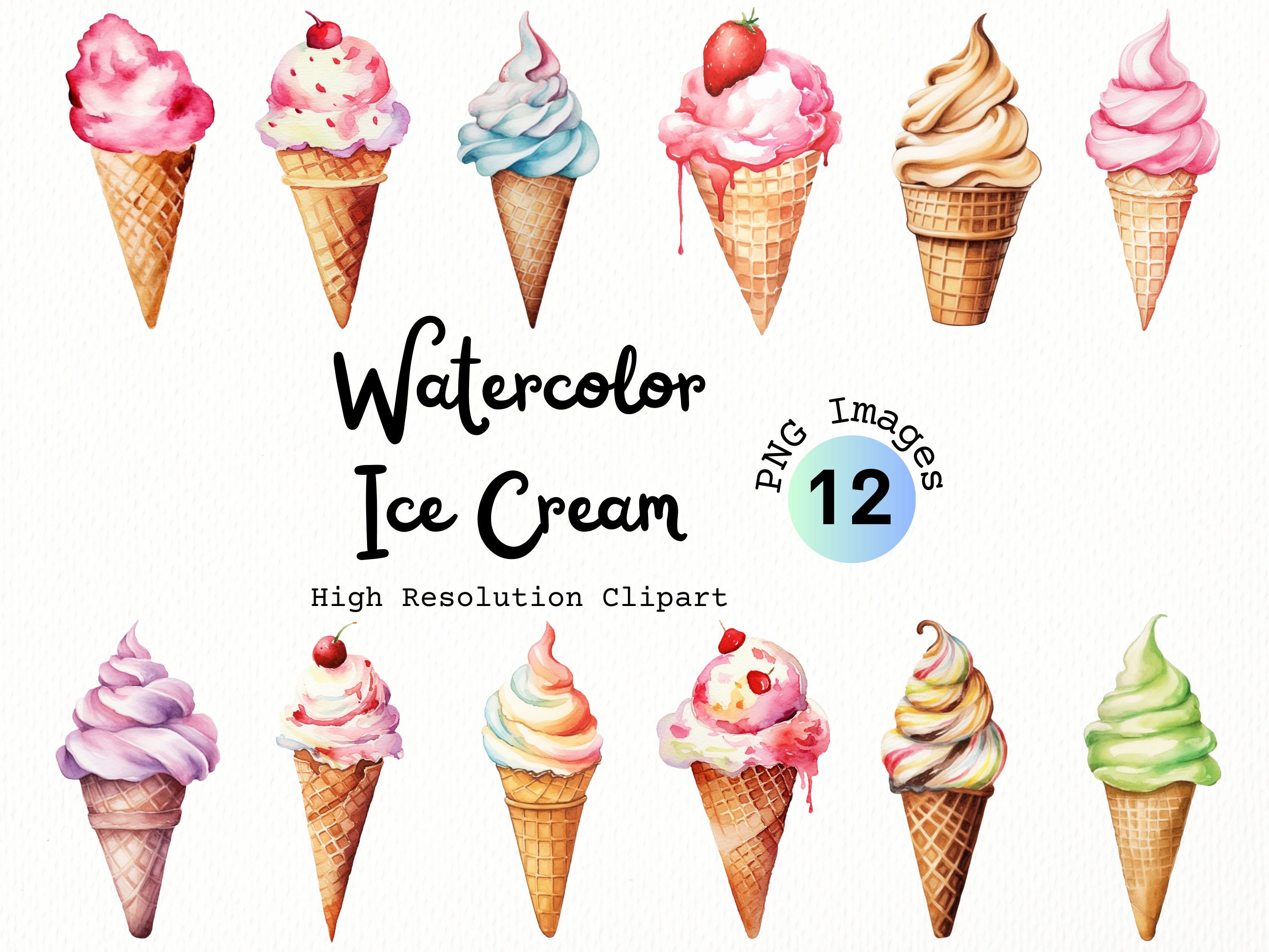 Watercolor Ice Cream Clipart Bundle - 12 Transparent PNG Images ...