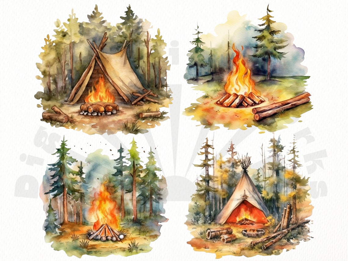 Campfires Clipart Watercolor PNG Images for Camping Log Cabin Clip Art ...
