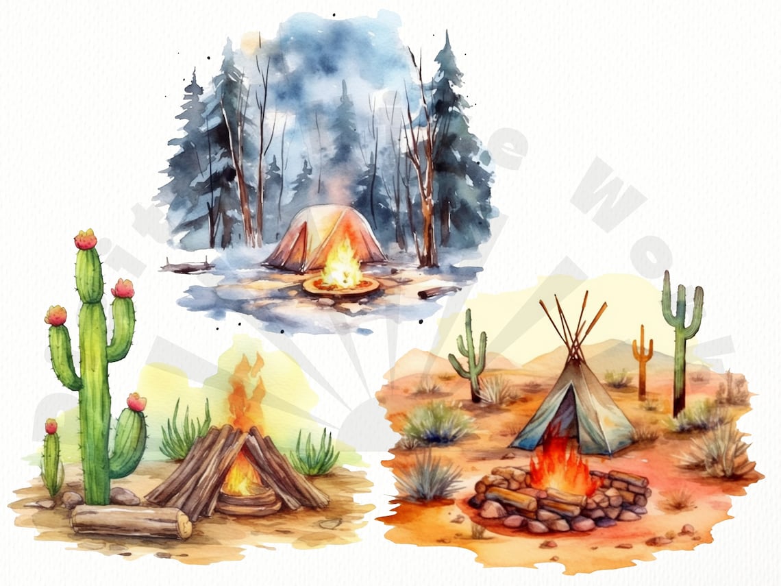 Campfires Clipart Watercolor PNG Images for Camping Log Cabin Clip Art ...