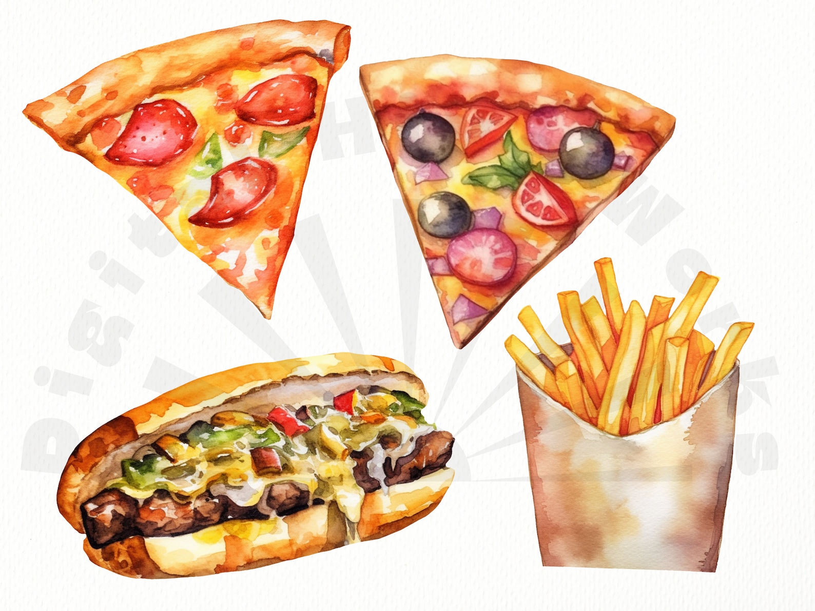 American Food Watercolor Clipart 30 PNG Images of Fast Food, Desert and ...