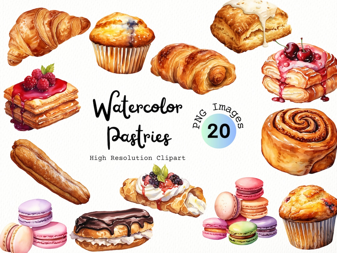Watercolor Pastries Dessert Clipart | 20 PNG Images of Pastries and ...