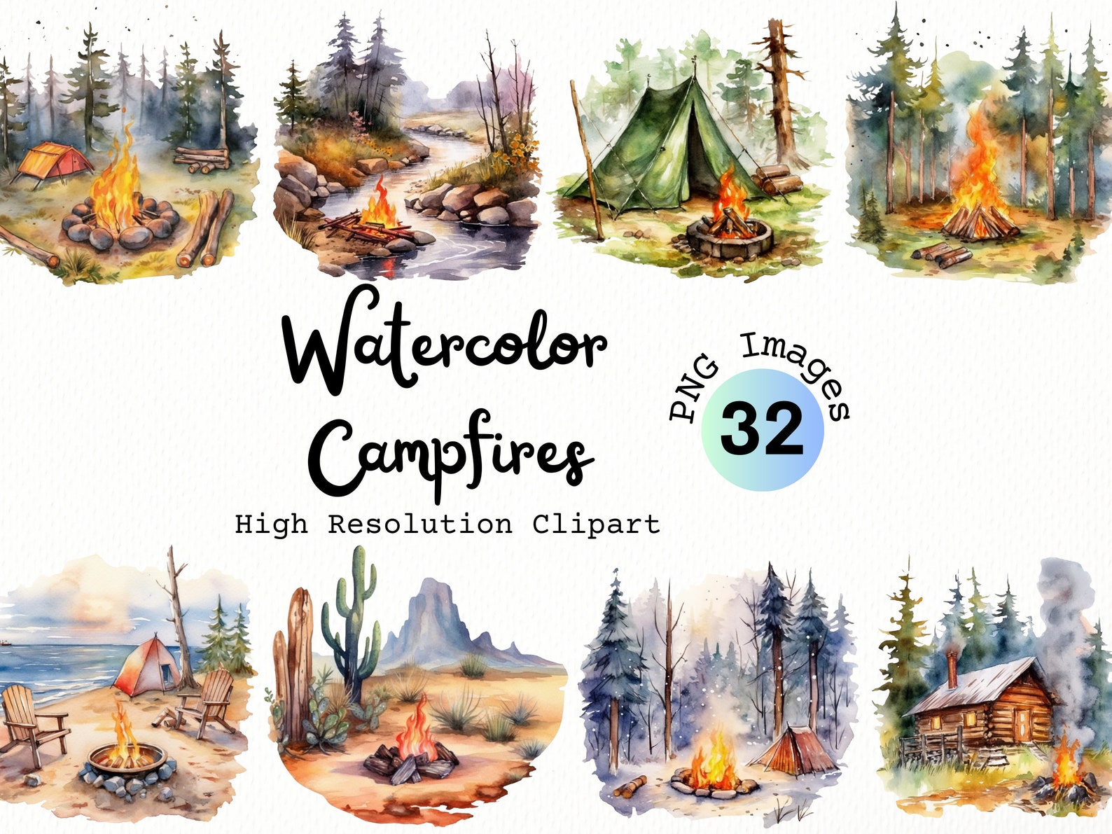 Campfires Clipart Watercolor PNG Images for Camping | Log Cabin Clip ...