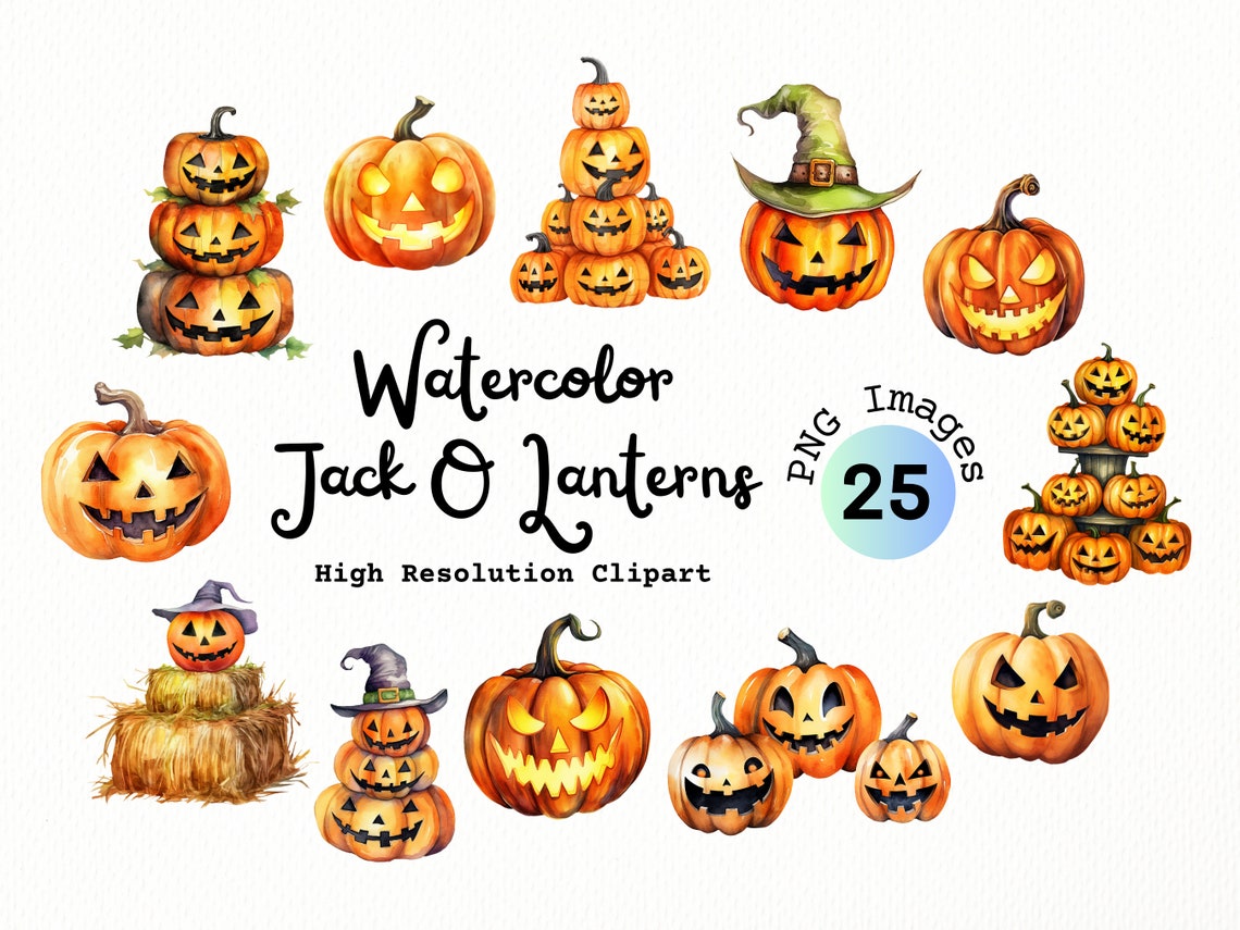 Watercolor Jack O Lanterns Clipart Bundle PNG Format With Transparent ...