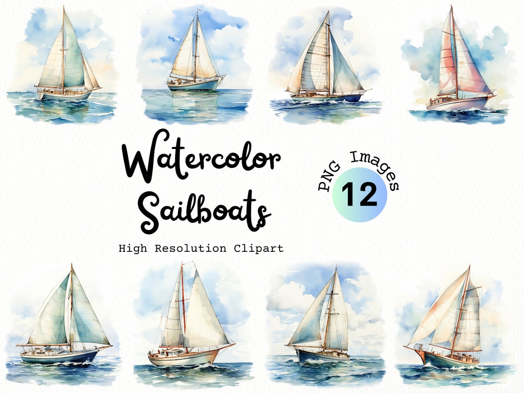 Watercolor Sailboats Clipart | 12 PNG Images | Nautical Ocean Sailboats ...