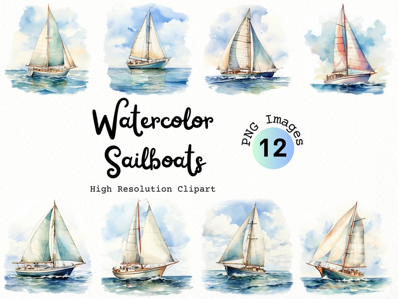 Watercolor Sailboats Clipart 12 PNG Images Nautical Ocean Sailboats ...