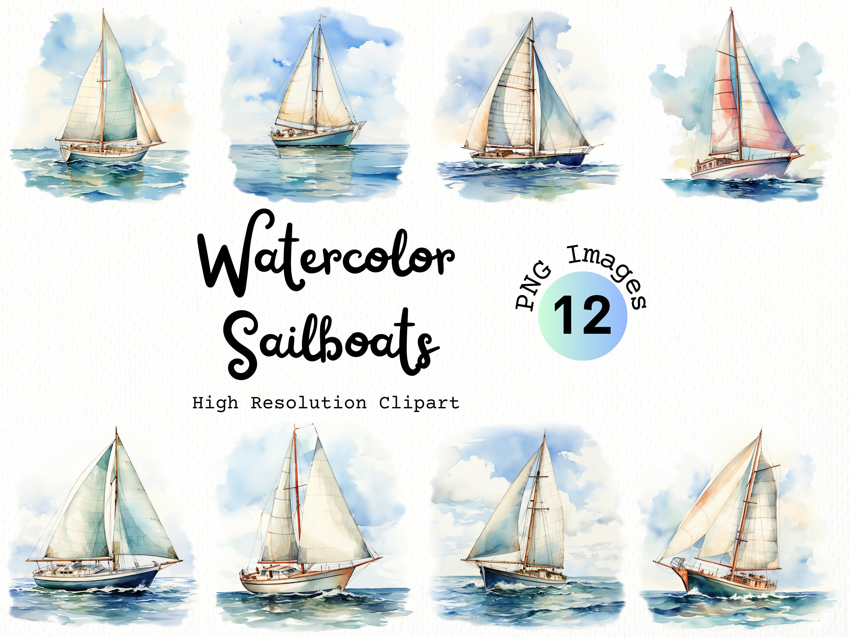 Watercolor Sailboats Clipart 12 PNG Images Nautical Ocean Sailboats ...