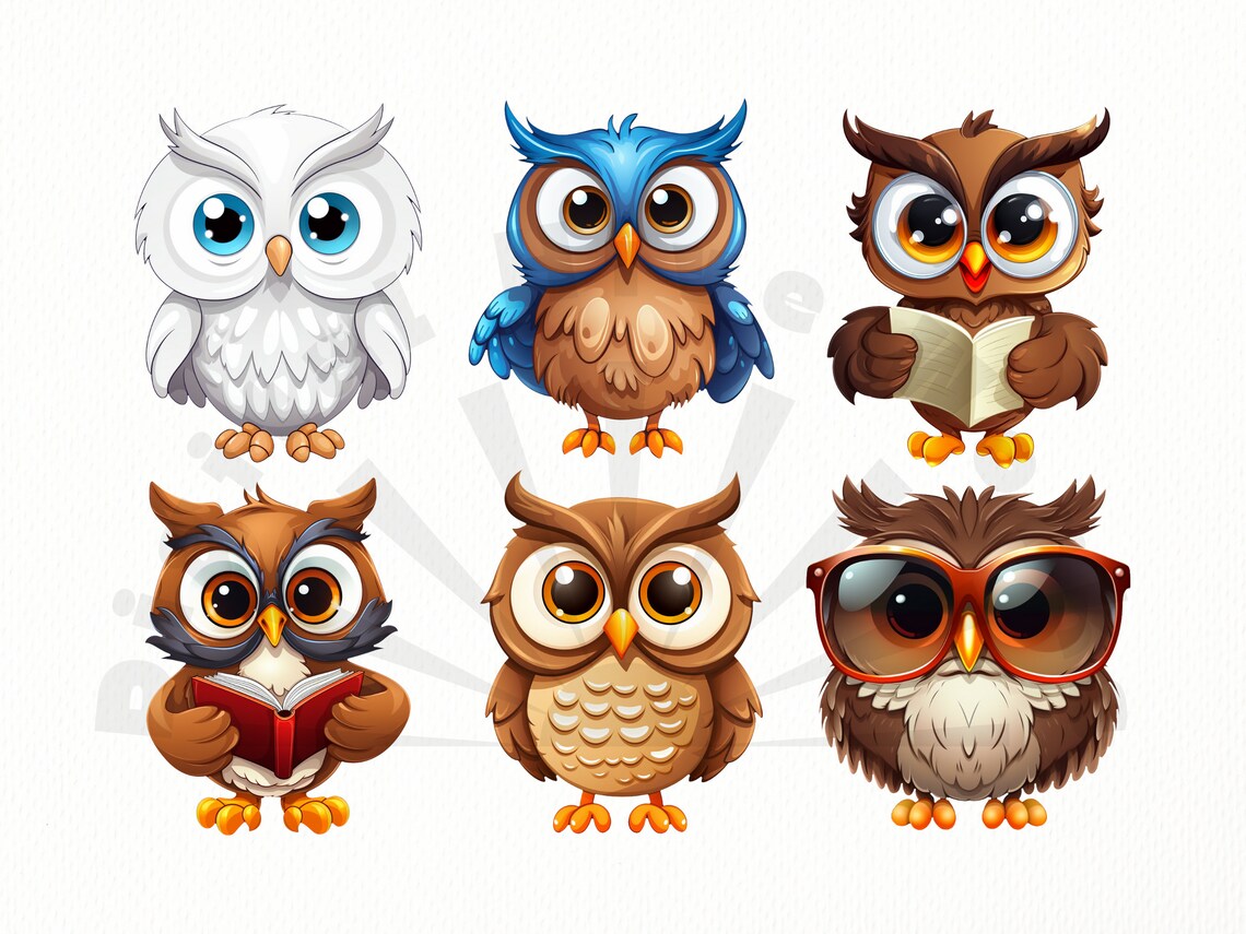 Cute Owls Clipart Bundle Cartoon PNG Images for Digital Download ...
