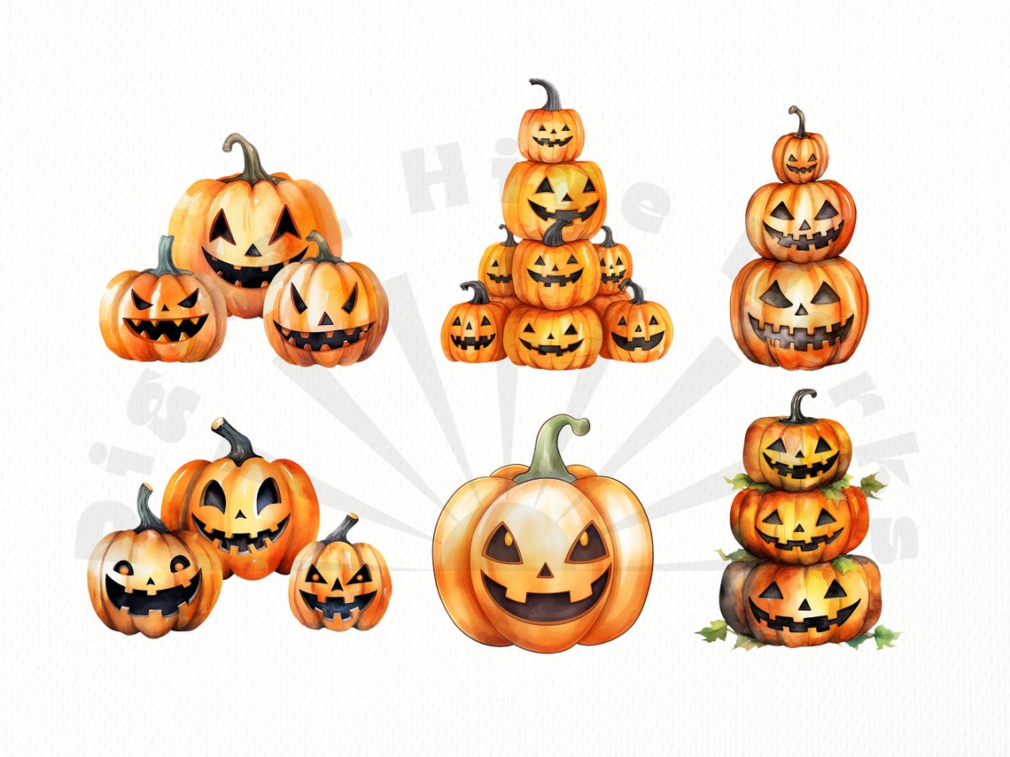 Watercolor Jack O Lanterns Clipart Bundle PNG Format With Transparent ...