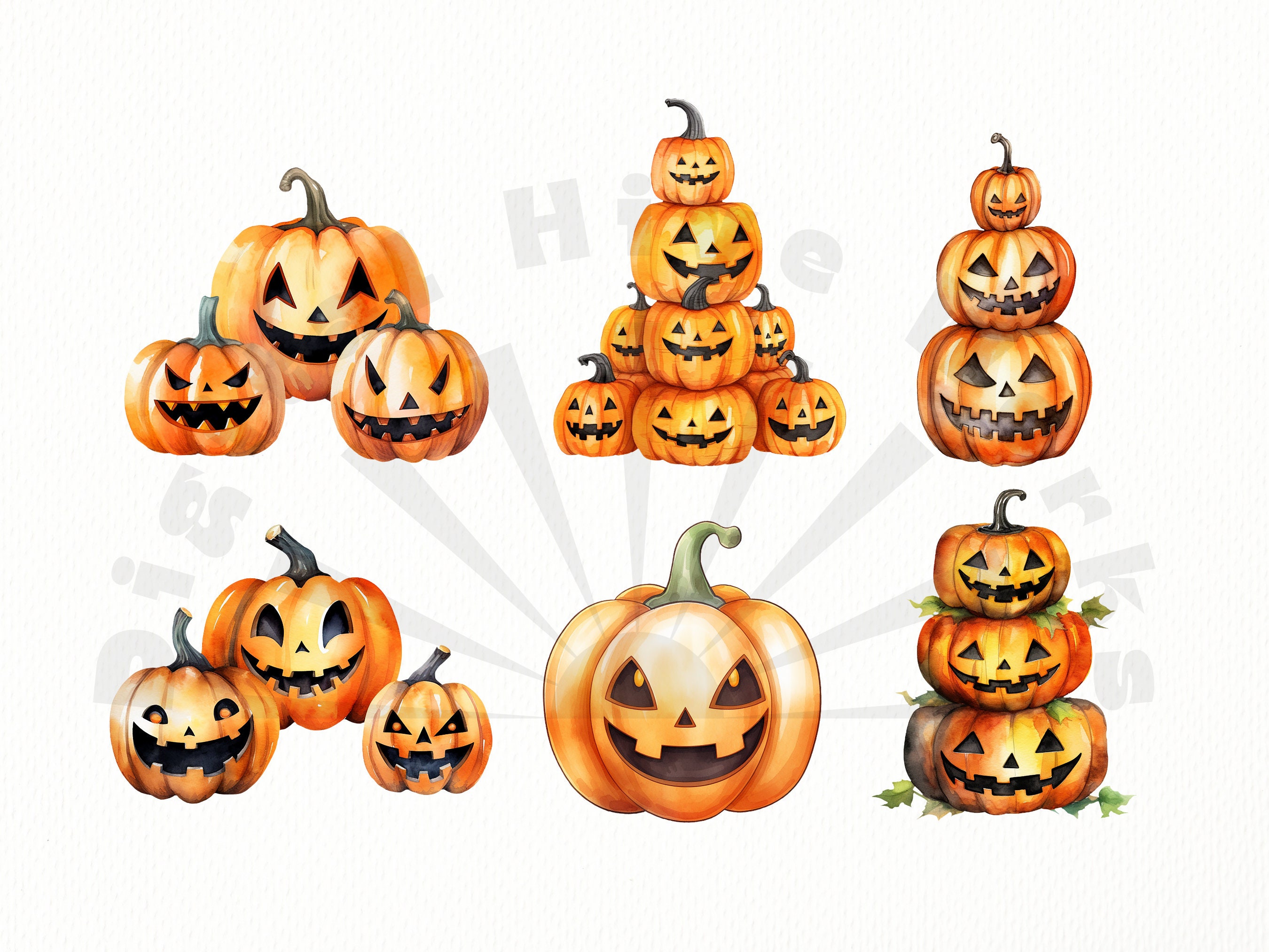 Watercolor Jack O Lanterns Clipart Bundle - PNG Format With Transparent ...