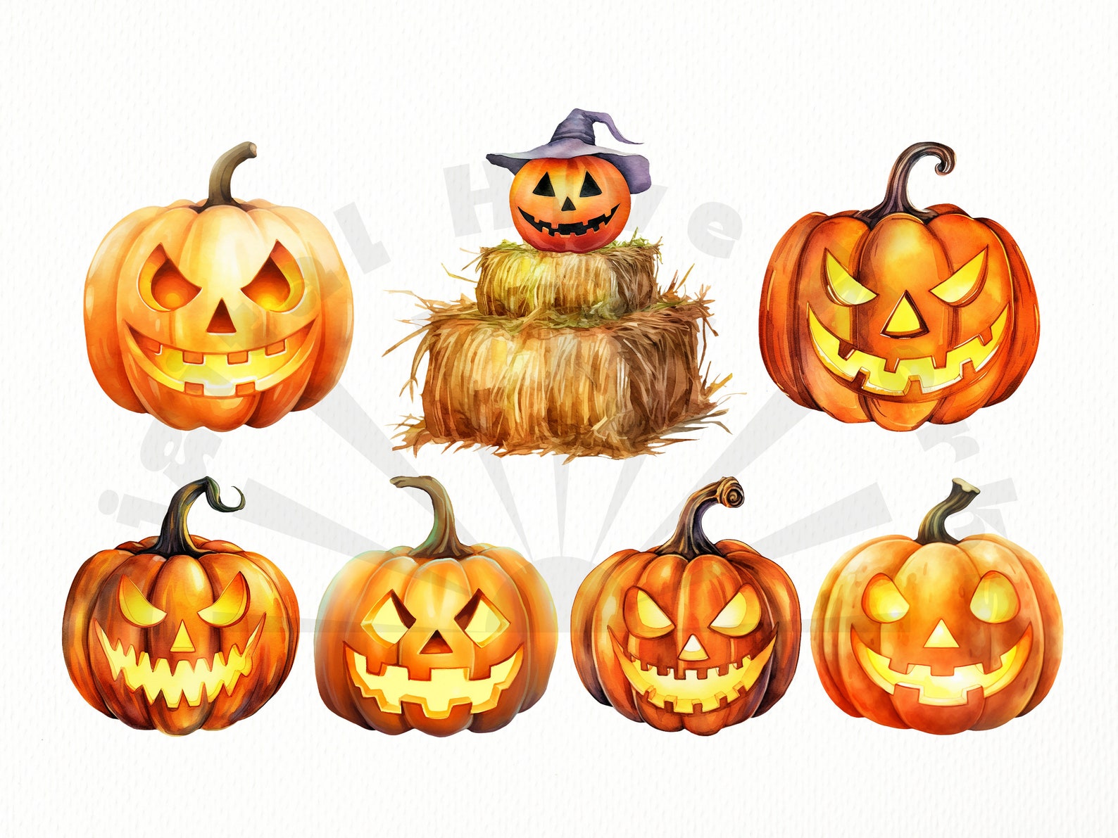 Watercolor Jack O Lanterns Clipart Bundle - PNG Format With Transparent ...