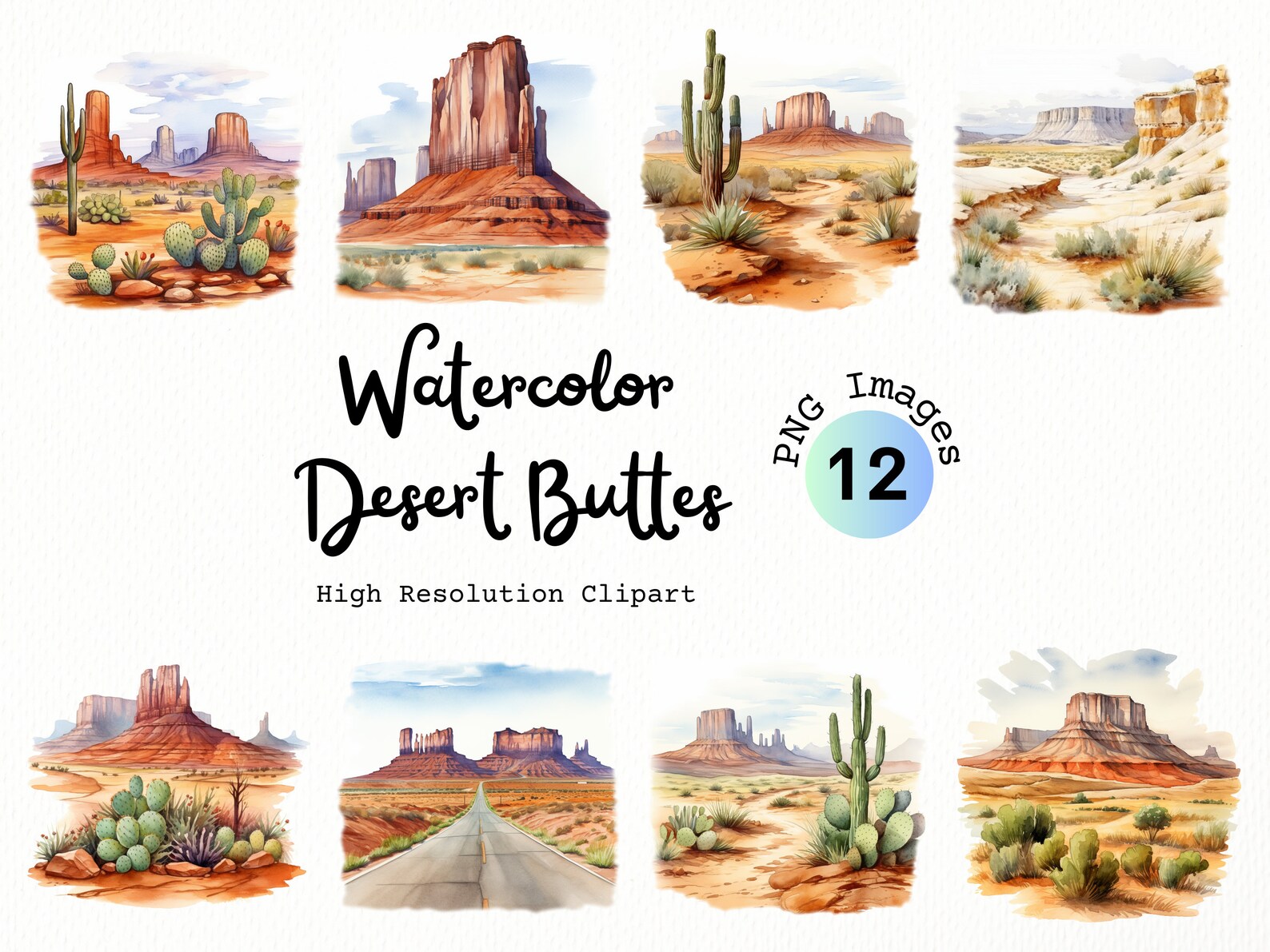 Watercolor Desert Buttes and Mesas Clipart | 12 Instant Download PNG ...