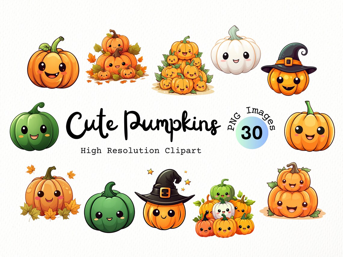 Cute Cartoon Pumpkin Clipart Bundle – Autumn Kawaii PNG (digital ...