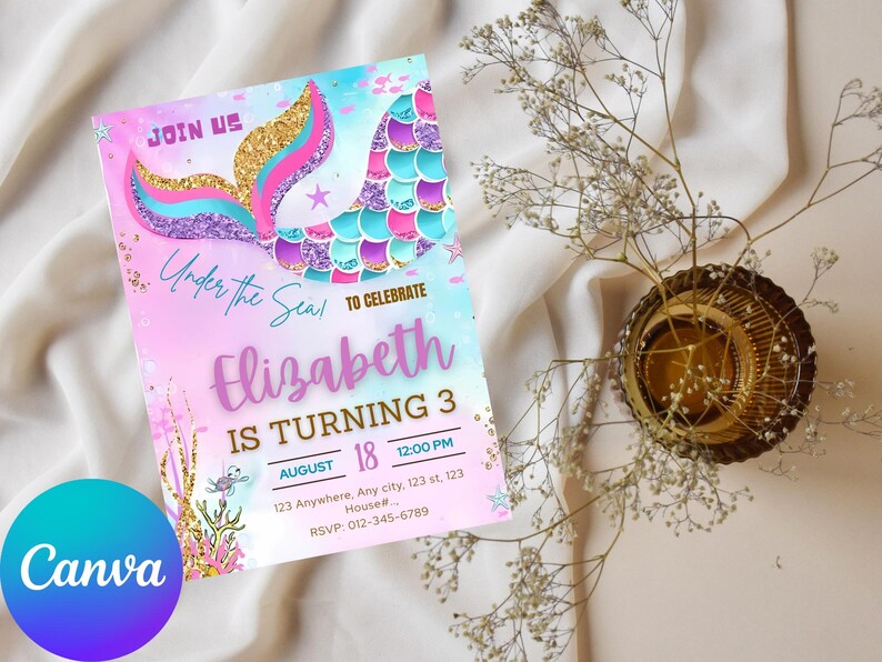 Mermaid Birthday Invitation Template Gold Under the Sea Birthday Invite ...