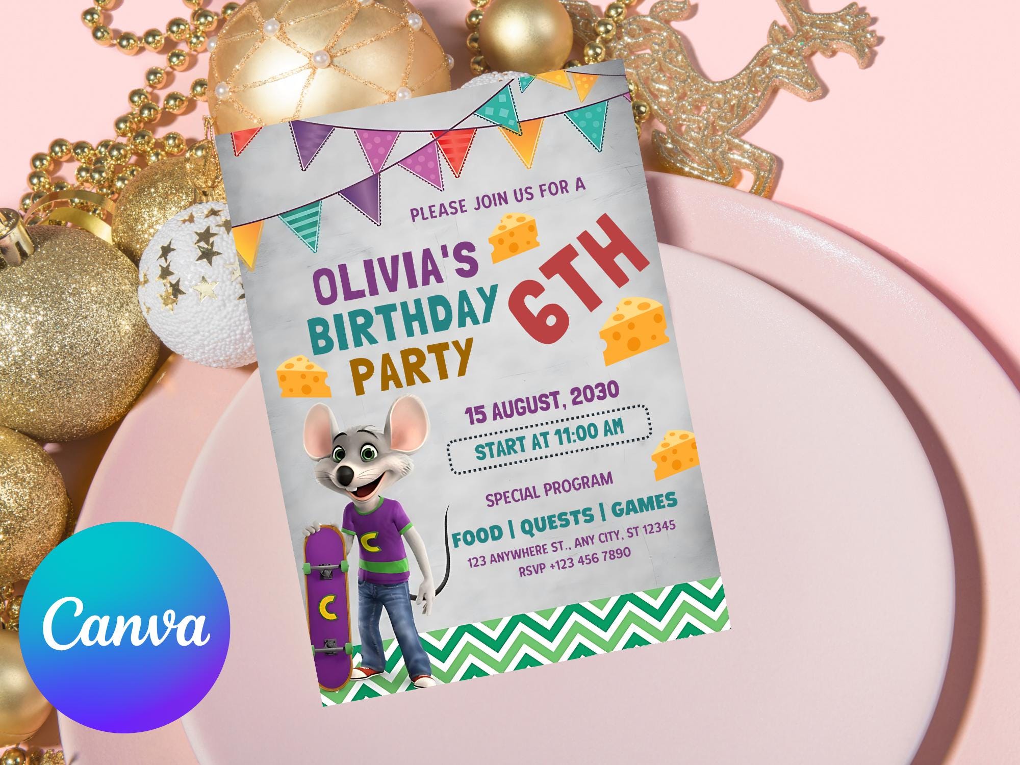 Editable Chuck E Cheese Birthday Invitation Template | Chuck Evite ...