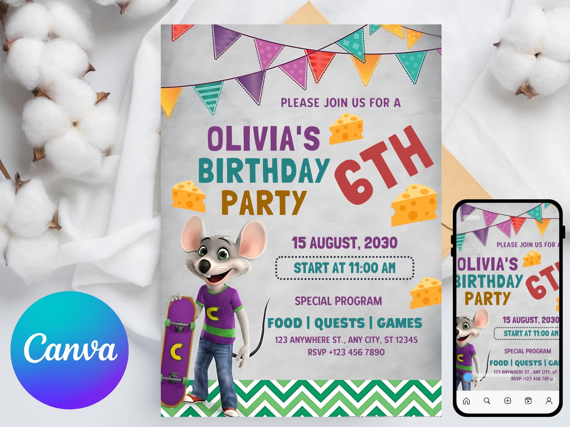 Editable Chuck E Cheese Birthday Invitation Template | Chuck Evite ...