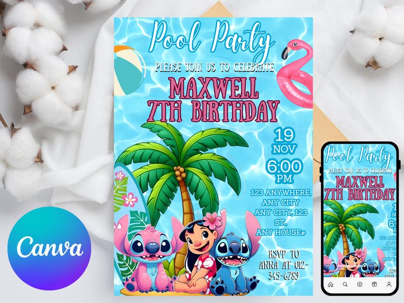 Editable Pool Party Stitch Girl Invitation, Pool Party Invitation ...