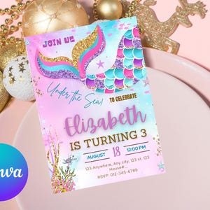 Mermaid Birthday Invitation Template Gold Under the Sea Birthday Invite ...