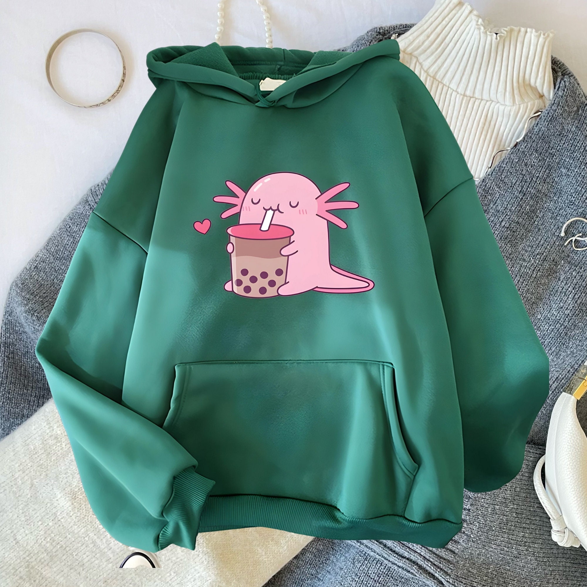 Coffee Drinking Axolotl Cute Hoodie, Axolotl Design Unisex Hoodies ...