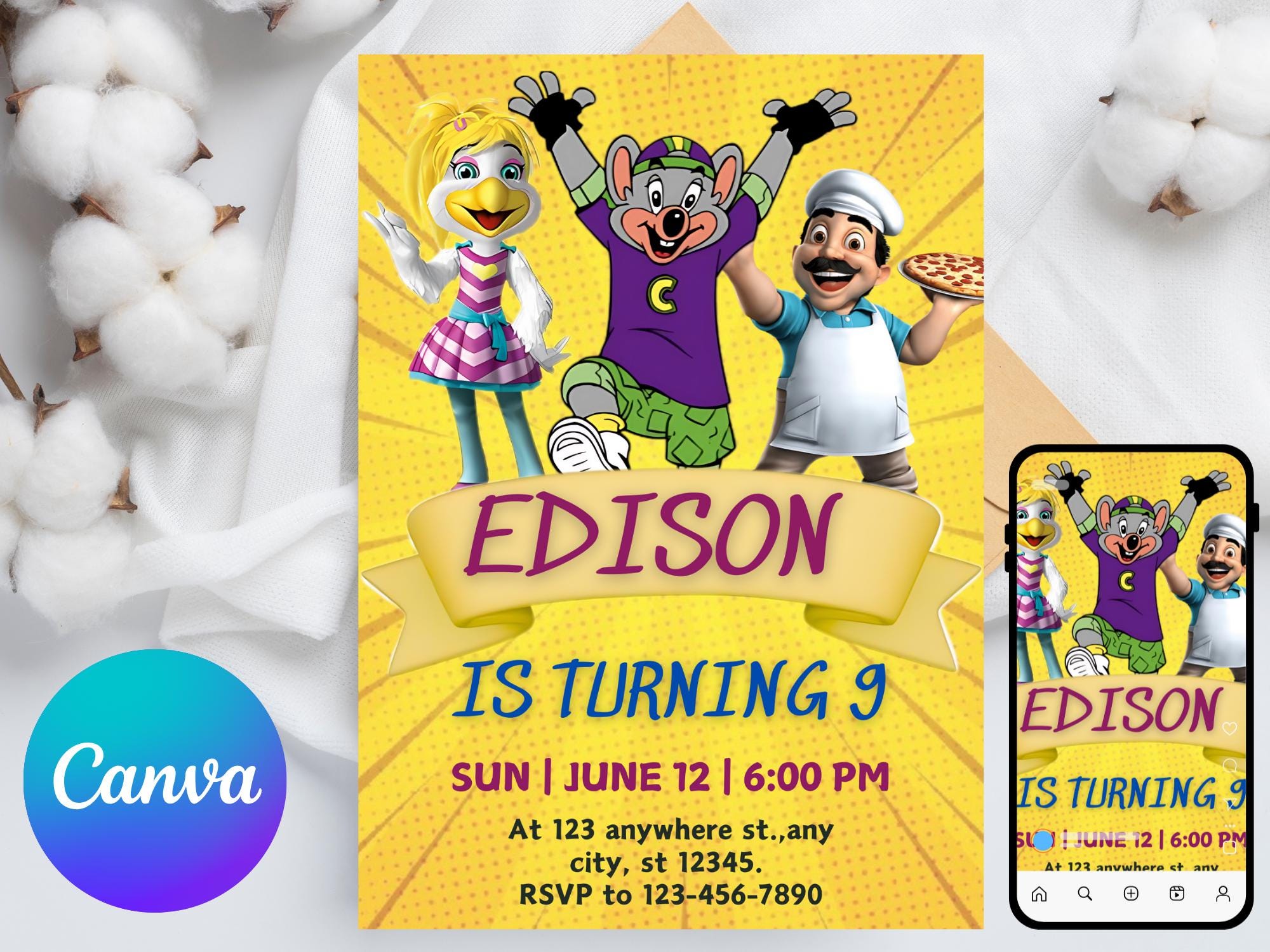Editable Chuck E Cheese Birthday Invitation Template | Chuck Evite ...