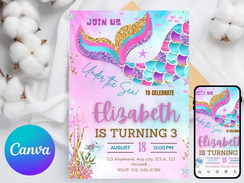 Mermaid Birthday Invitation Template Gold Under the Sea Birthday Invite ...