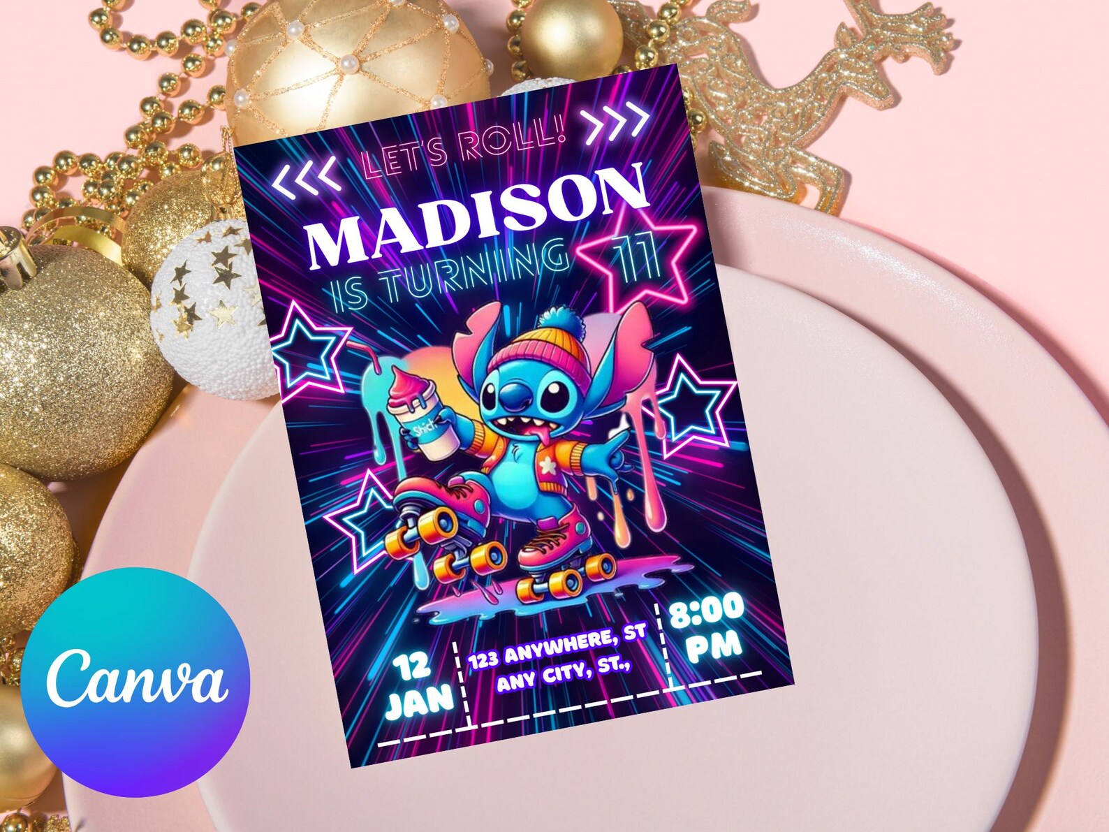 Stitch Roller Skating Birthday Party Invitation | Stitch Lilo Pastel ...