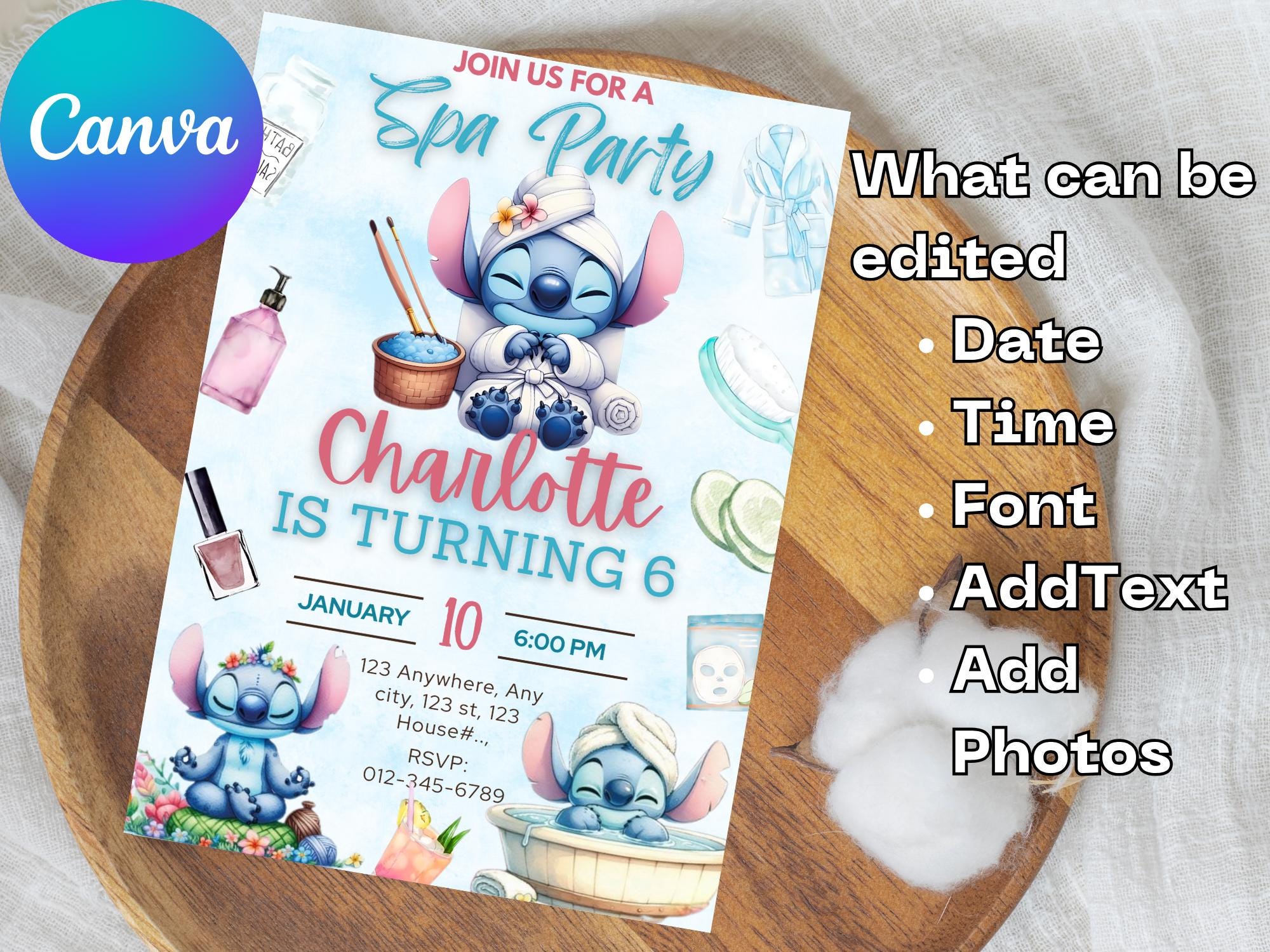 Personalized Stitch Spa Party Invitation, Stitch Birthday Spa Party ...