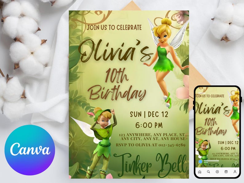 Editable Tinkerbell Birthday Invitation, Fairy Tinkbell Birthday Party ...